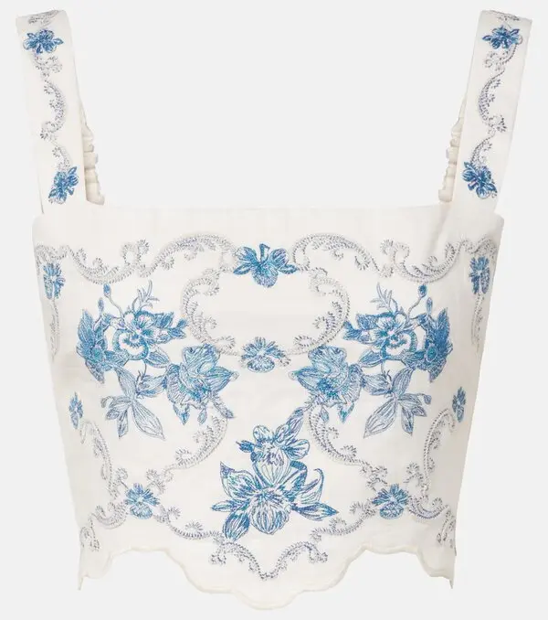 Agua Bendita Luciana Gloriosa Embroidered Linen Crop Top - White