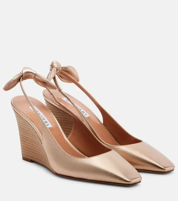 AQUAZZURA Very Bow Tie 85 Leather Wedges - Beige