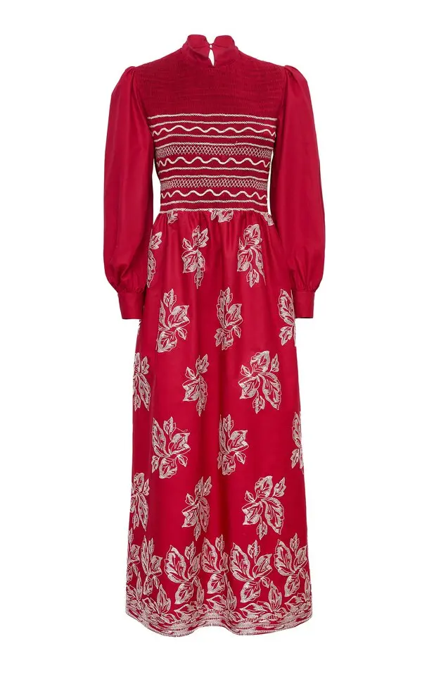 Loretta Caponi Lea Embroidered Cotton Dress - Red