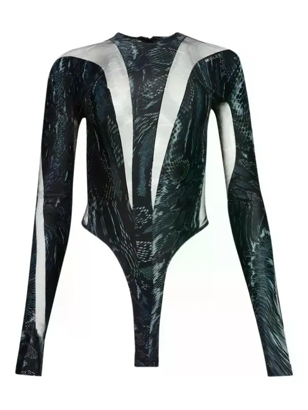 MUGLER Snake-print Mesh Bodysuit