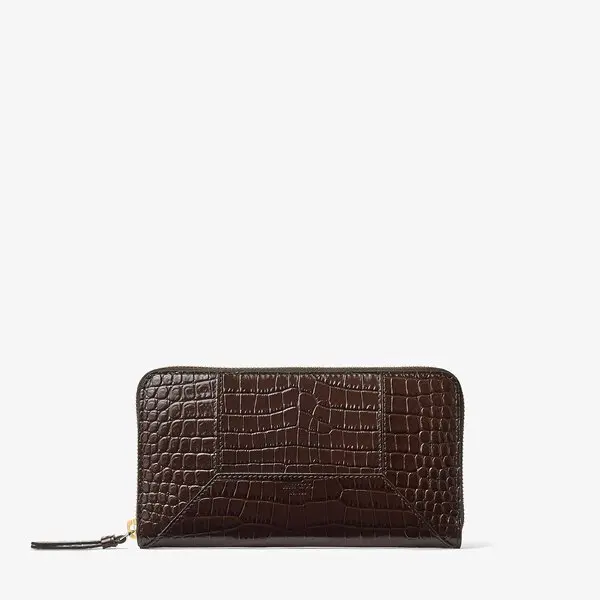 JIMMY CHOO Diamond Pippa Chocolate Croc Embossed Calf Leather Wallet - Chocolate/gold
