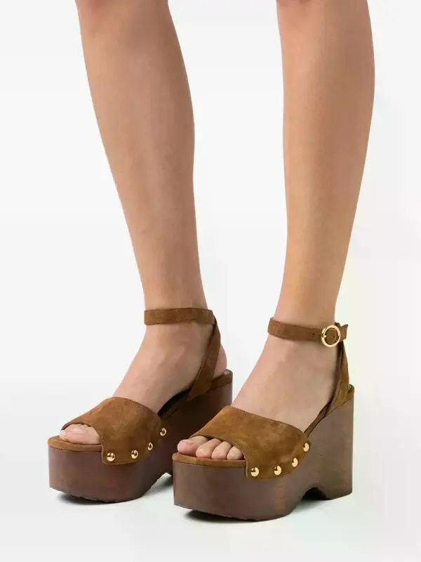 GIANVITO ROSSI Suede Wedge Sandals With Gold-tone Studs - Brown