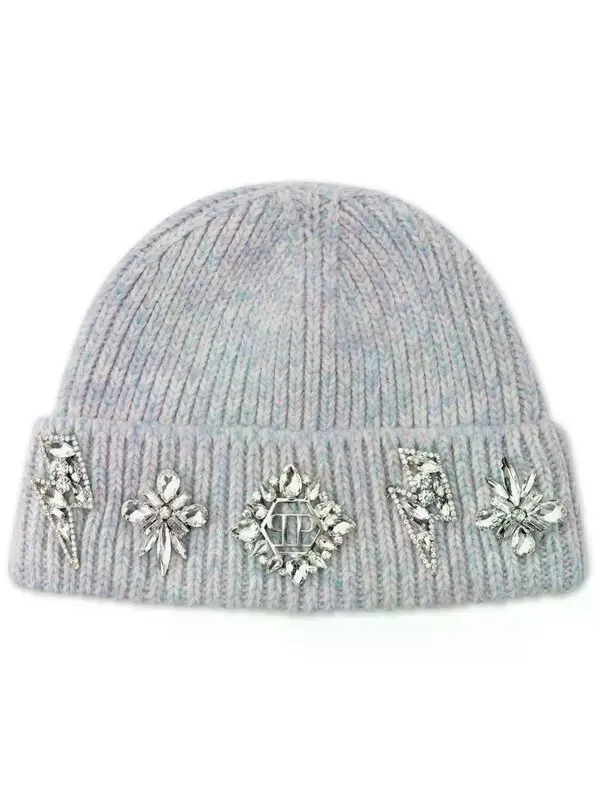 Philipp Plein Brooch-detail Ribbed Knit Beanie - Blue