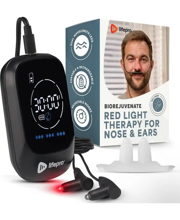 LIFEPRO Red Light Therapy For Nose & Ears Rechargeable Nasal & Sinus Pain Relief With Near Infrared & Red Light - Black