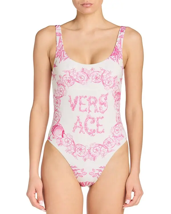 Versace Barocco Logo Tank One-piece Swimsuit - Eggshell Dragonfruit