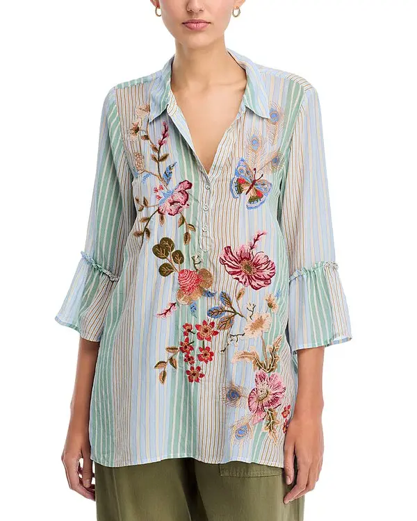 Johnny Was Floral Silk Ruffle Cuff Blouse