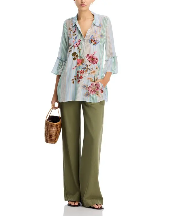 Johnny Was Floral Silk Ruffle Cuff Blouse