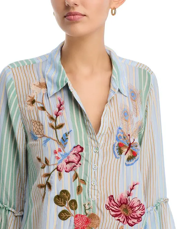 Johnny Was Floral Silk Ruffle Cuff Blouse