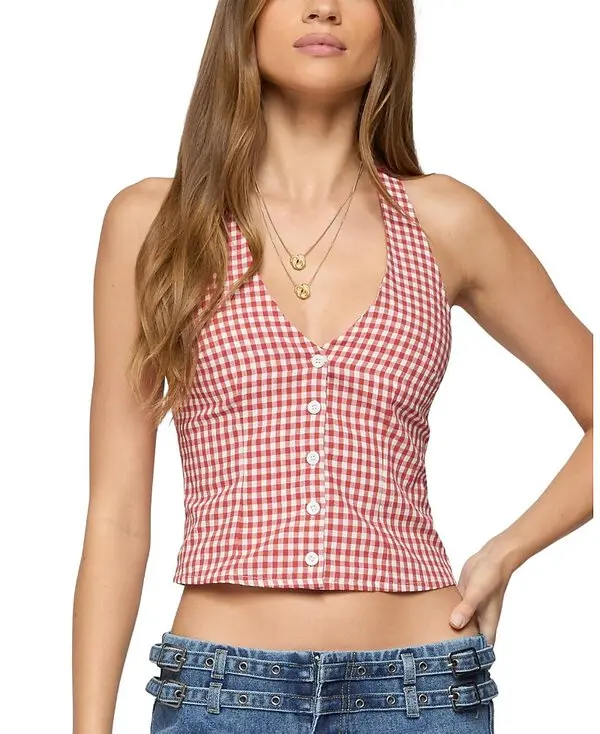 EDIKTED Evan Gingham Button Up Halter Top - Red