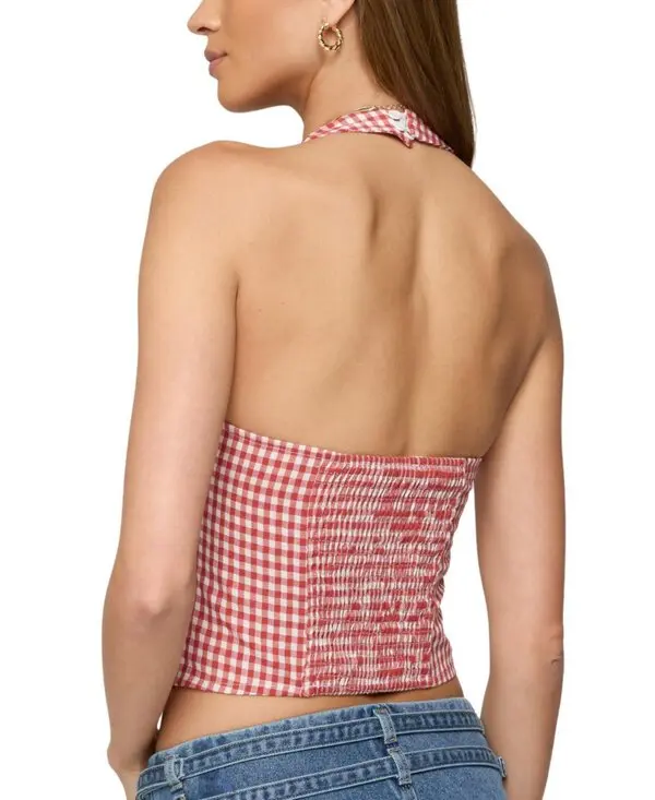 EDIKTED Evan Gingham Button Up Halter Top - Red
