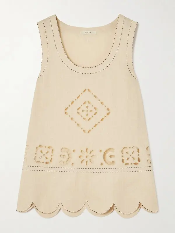 Vita Kin Topstitched Broderie Anglaise Linen Tank - Neutrals