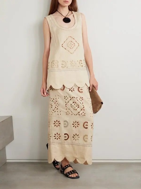 Vita Kin Topstitched Broderie Anglaise Linen Tank - Neutrals