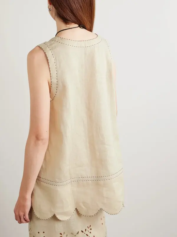 Vita Kin Topstitched Broderie Anglaise Linen Tank - Neutrals
