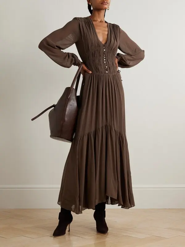 MARANT ETOILE Briane Gathered Georgette Maxi Dress - Green