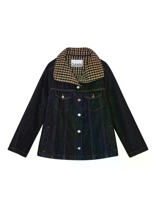 GANNI Checkered Collar Denim Jacket - Blue