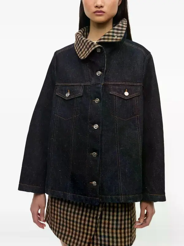 GANNI Checkered Collar Denim Jacket - Blue
