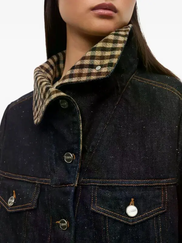 GANNI Checkered Collar Denim Jacket - Blue