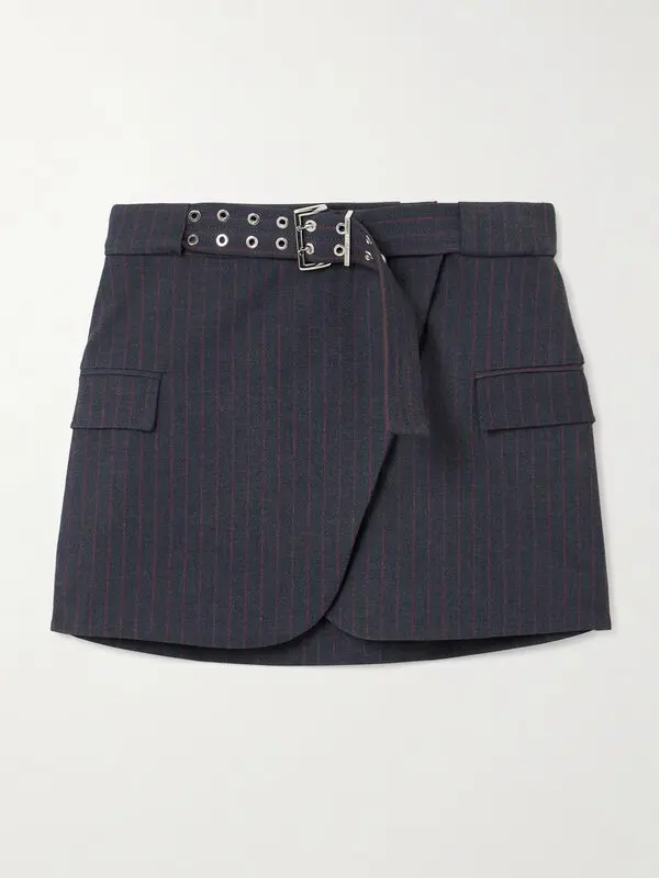 GANNI Belted Pinstriped Woven Wrap Mini Skirt