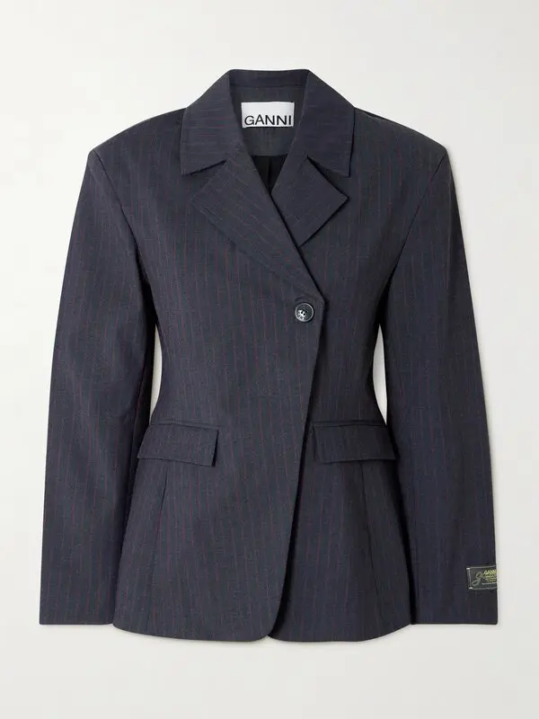 GANNI Asymmetric Pinstriped Woven Blazer - Gray