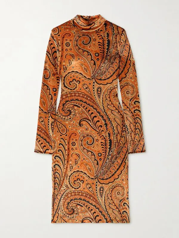 Etro Paisley-print Velvet Turtleneck Midi Dress - Orange
