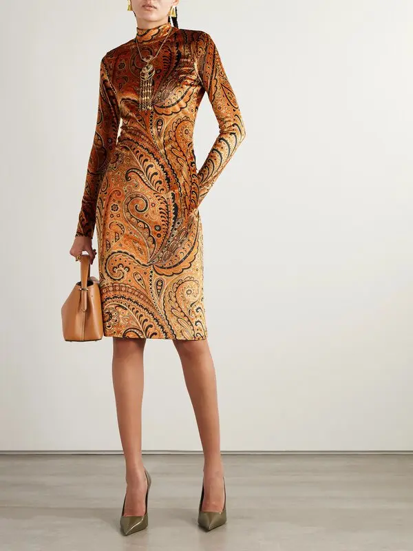 Etro Paisley-print Velvet Turtleneck Midi Dress - Orange