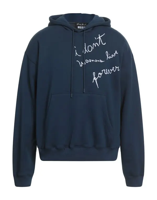 MSGM Cotton French Terry Embroidered Logo Hoodie - Navy