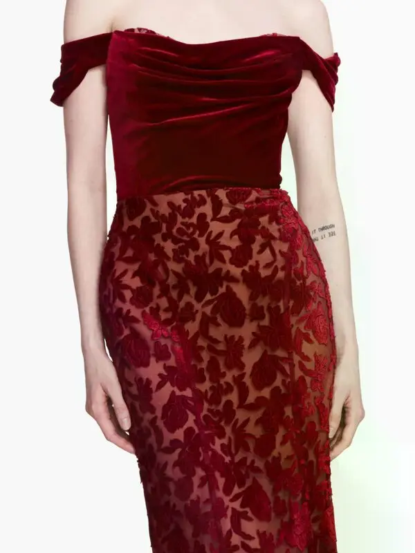 Marchesa Velvet Midi Dress - Red | Editorialist