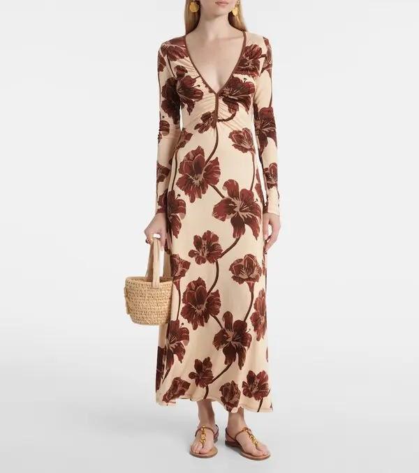 Johanna Ortiz Floral Jersey Midi Dress - Beige
