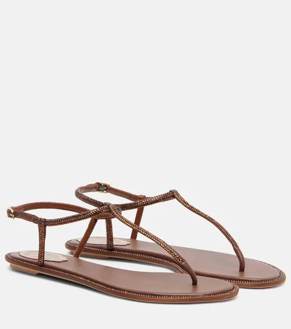 Rene Caovilla Diana Embellished Satin Thong Sandals - Brown