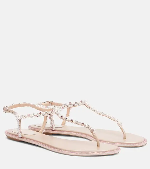 Rene Caovilla Diana Embellished Satin Thong Sandals - Pink