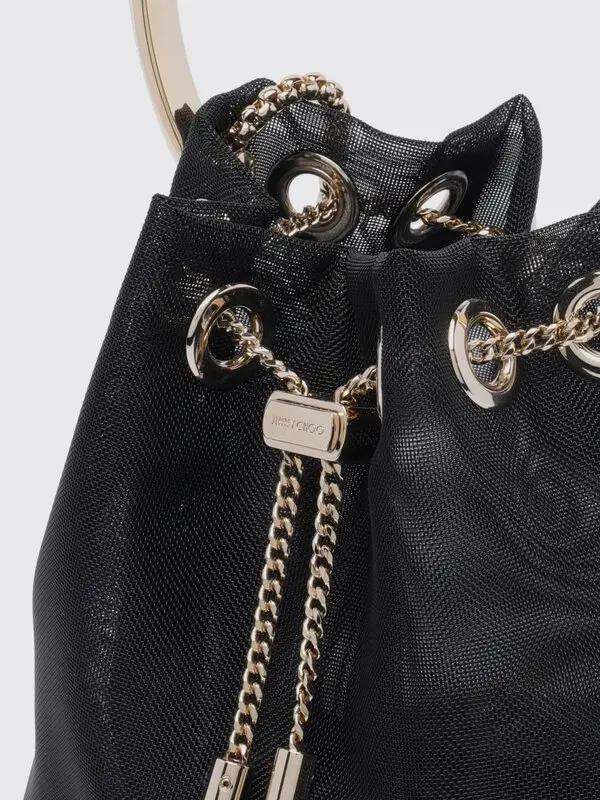 JIMMY CHOO Mesh Drawstring Bucket Bag With Gold Tone Hoop Handle - Black