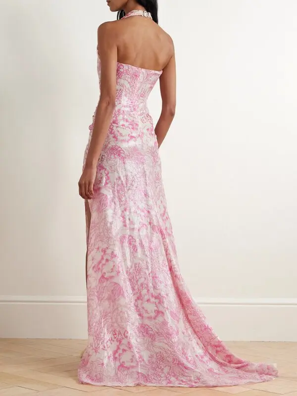 Versace Embellished Metallic Printed Silk-blend Chiffon Gown
