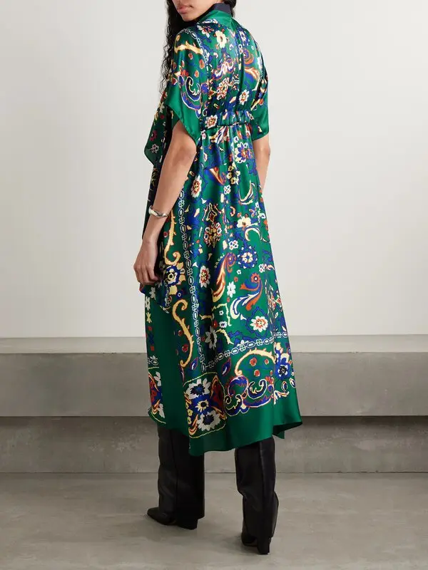 Sacai Draped Printed Satin Midi Dress