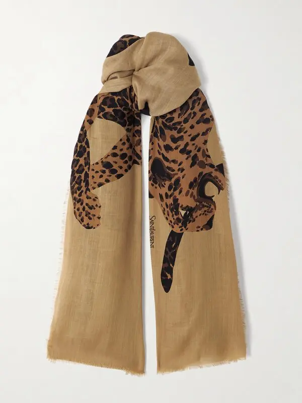 Saint Laurent Frayed Printed Wool-twill Scarf - Brown
