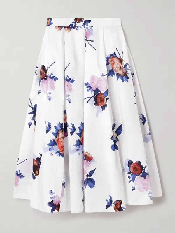Erdem Pleated Floral-print Cotton-poplin Midi Skirt - White