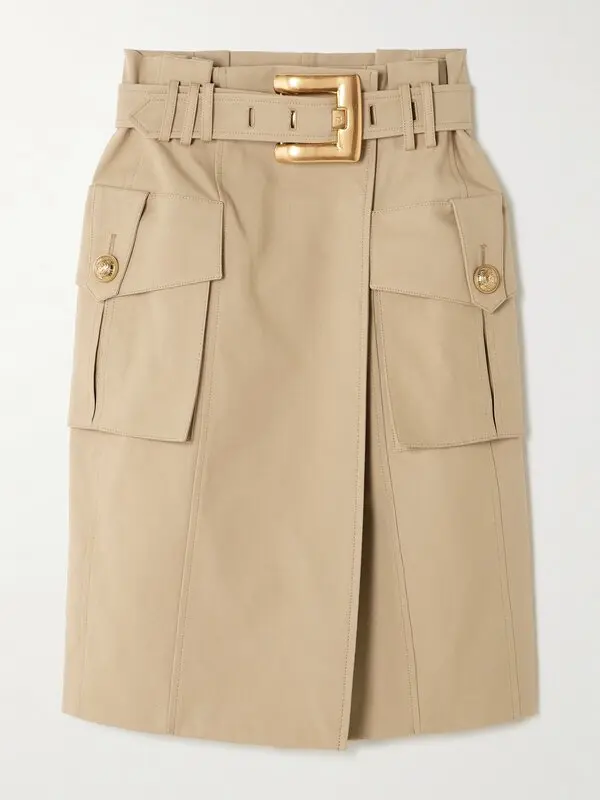 Balmain Belted Wrap-effect Cotton-gabardine Skirt