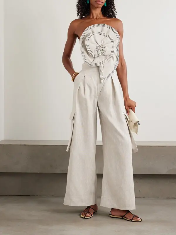 ANDRES OTALORA Appliquéd Topstitched Linen Bustier Top