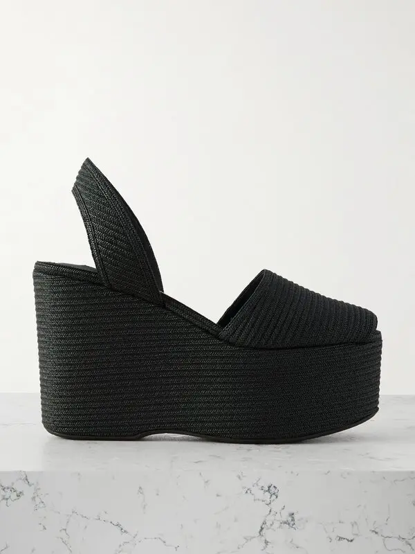 Alaïa Straw Slingback Platform Wedge Sandals - Black