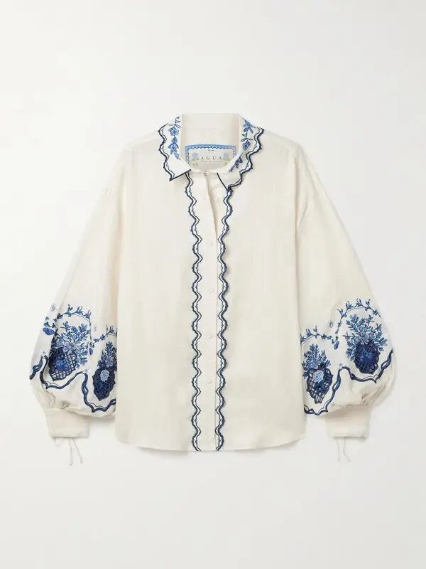 Agua Bendita Abadía Appliquéd Embroidered Linen Shirt - Neutrals