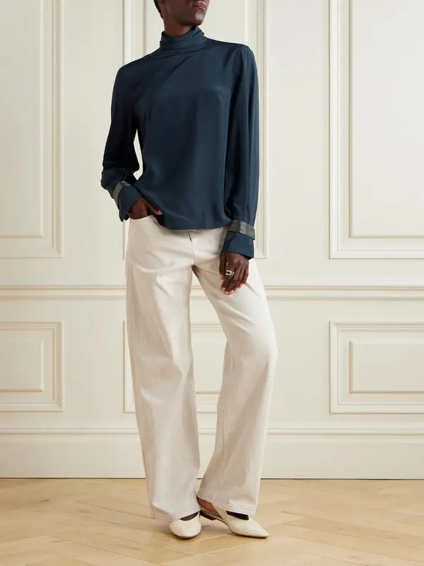Brunello Cucinelli Bead-embellished Silk Crepe De Chine Turtleneck Blouse
