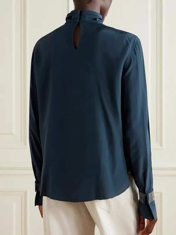 Brunello Cucinelli Bead-embellished Silk Crepe De Chine Turtleneck Blouse