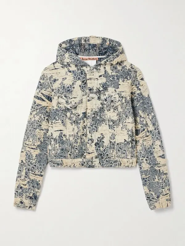 Acne Studios Hooded Distressed Denim Jacket - Gray