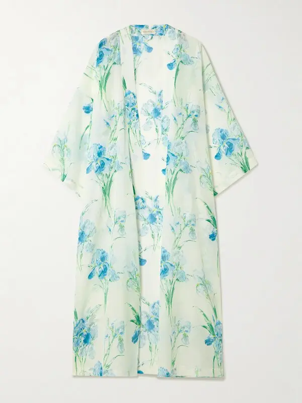 Olivia Von Halle Amaya Belted Floral-print Silk-chiffon Robe - Off-white