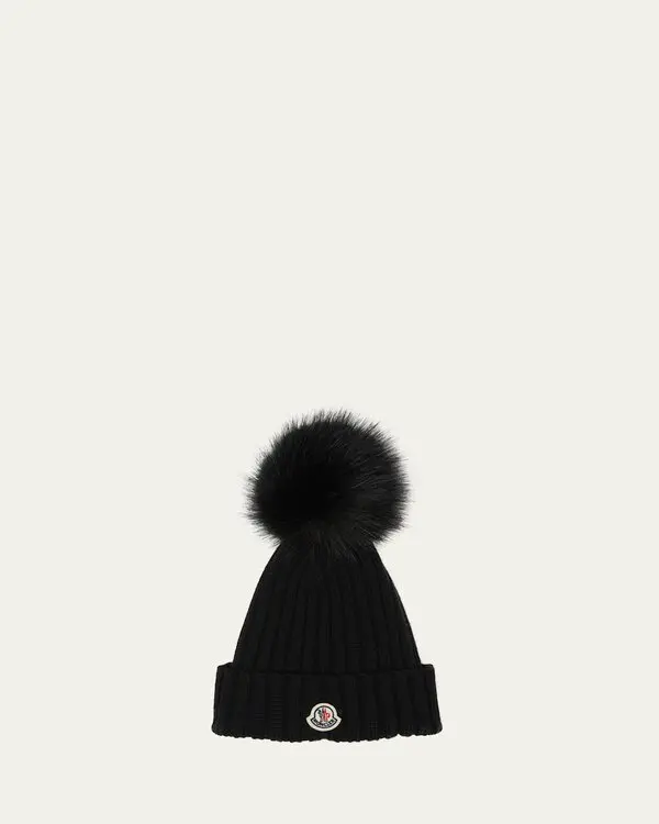 Moncler Wool Beanie With Faux Fur Pom - Black