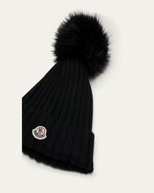 Moncler Wool Beanie With Faux Fur Pom - Black