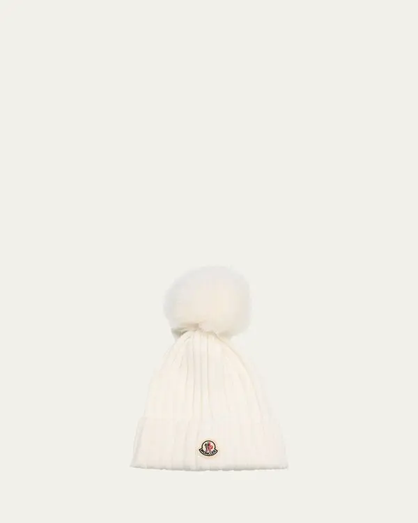 Moncler Wool Beanie With Faux Fur Pom - Natural