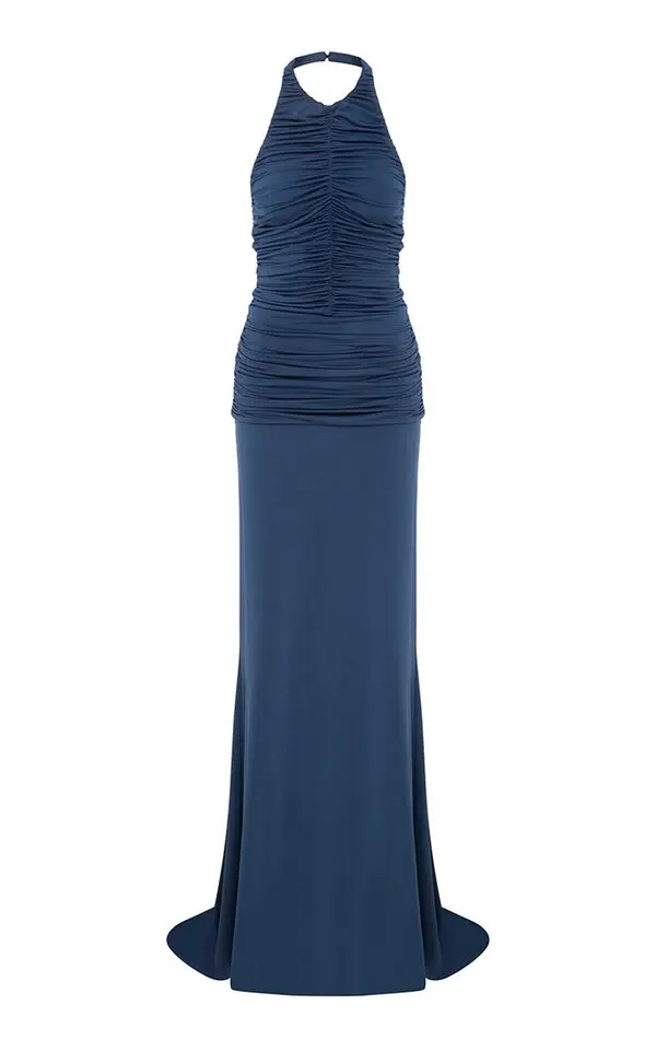 Ila Rami Ruched Satin Maxi Halter Dress