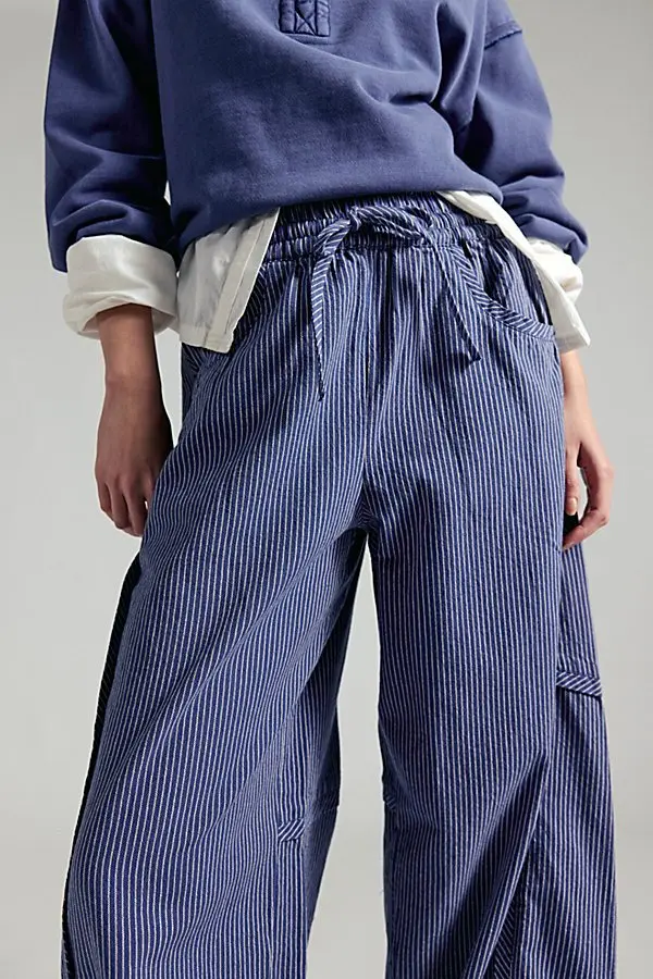 Free People Printed Barrel Pants - Navy Combo