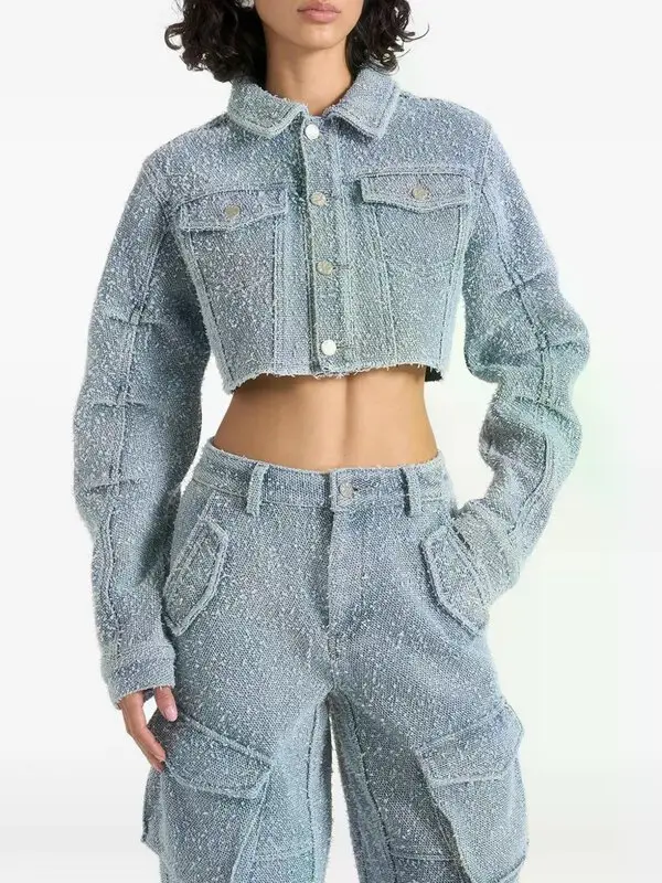Manière De Voir Catherine Cropped Boucle Denim Jacket - Blue