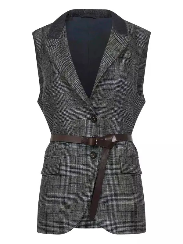 Brunello Cucinelli Check-pattern Belted Waistcoat - Grey